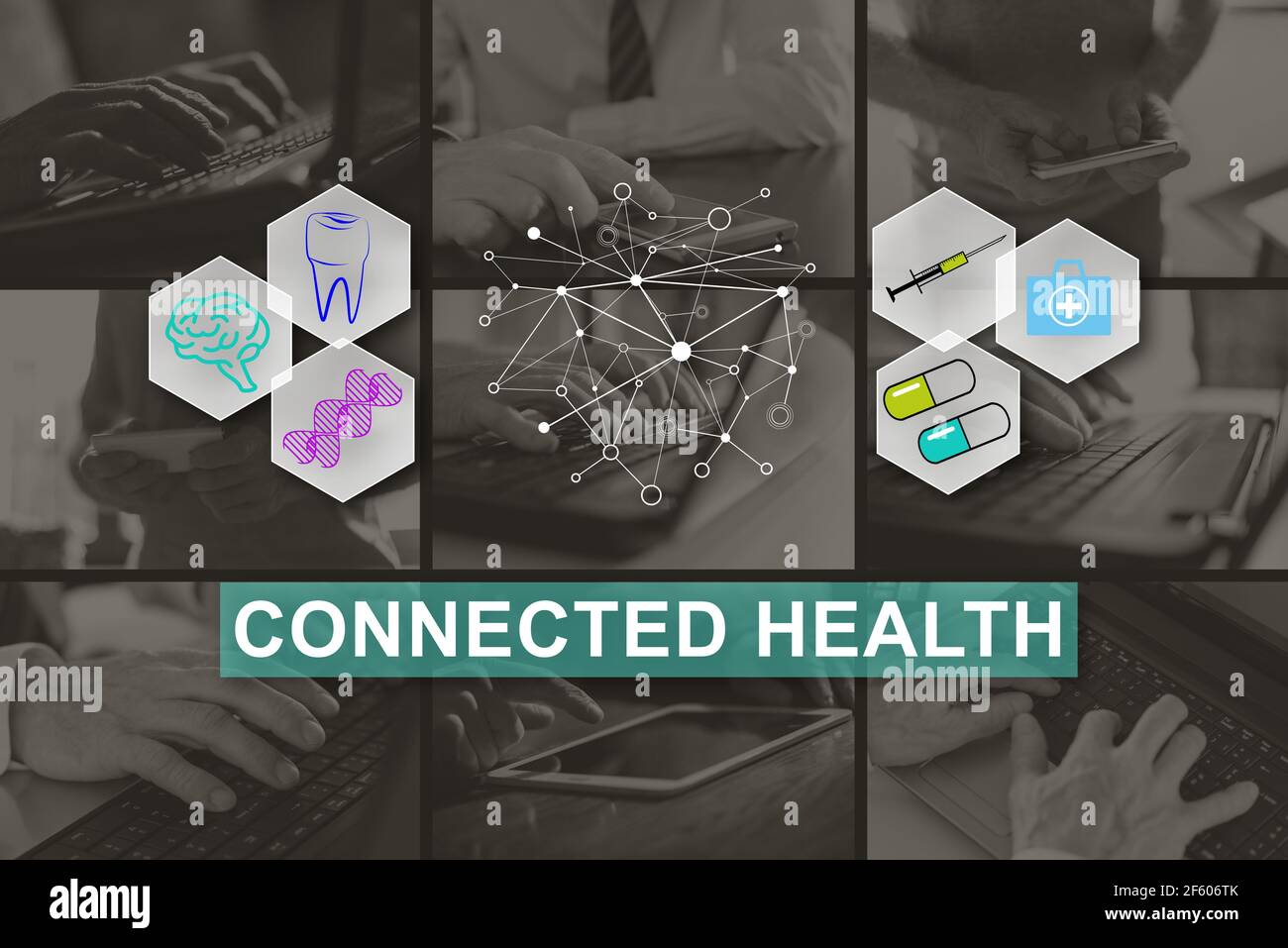 Connected health concept illustrated by pictures on background Stock ...