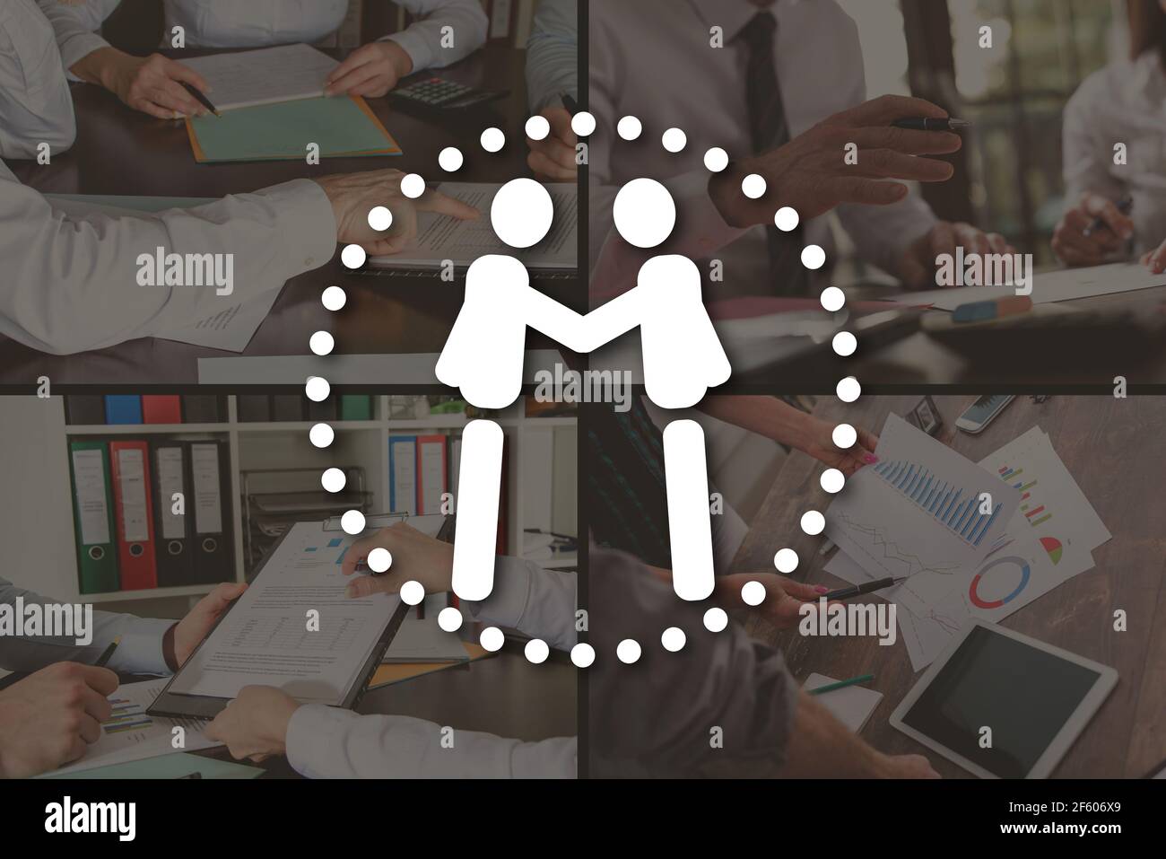 Business partnership concept illustrated by pictures on background ...