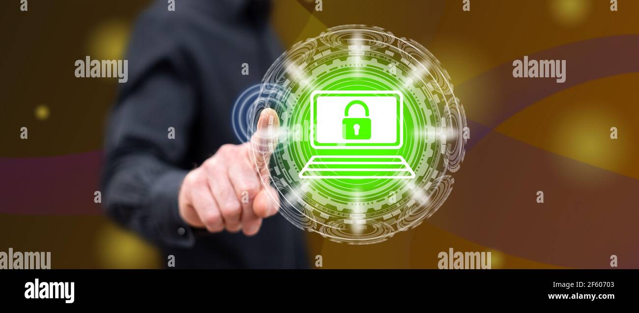 Man touching a cyber security concept on a touch screen with his finger ...