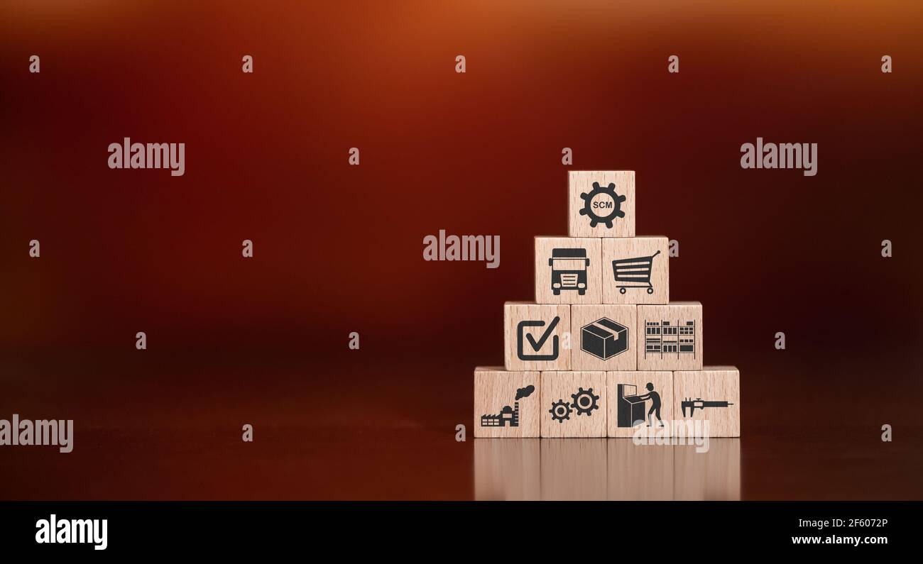 Concept of SCM with icons on wooden cubes Stock Photo - Alamy