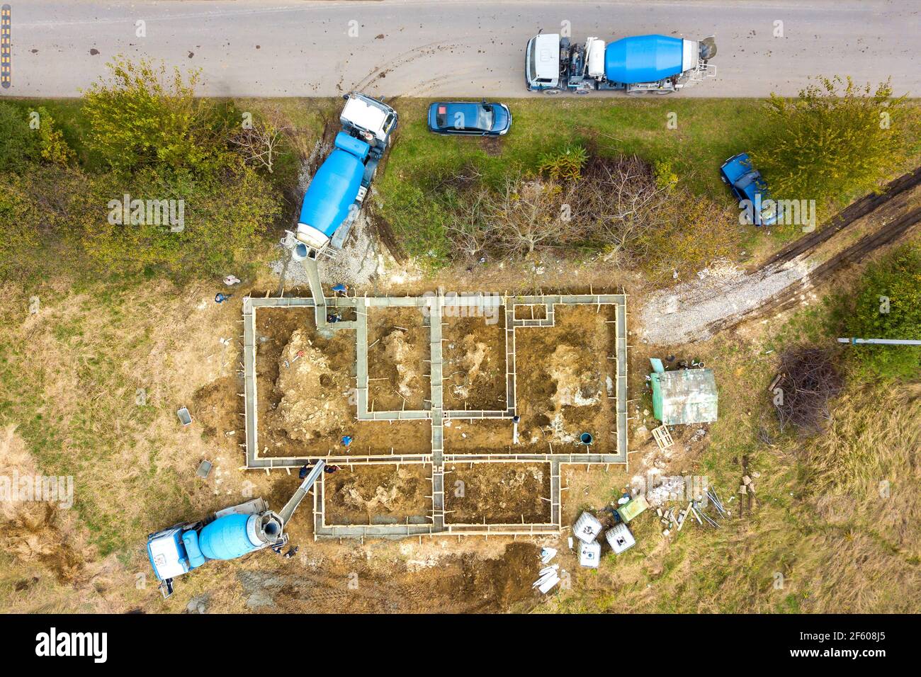 Top down aerial view of construction works of new house concrete ...