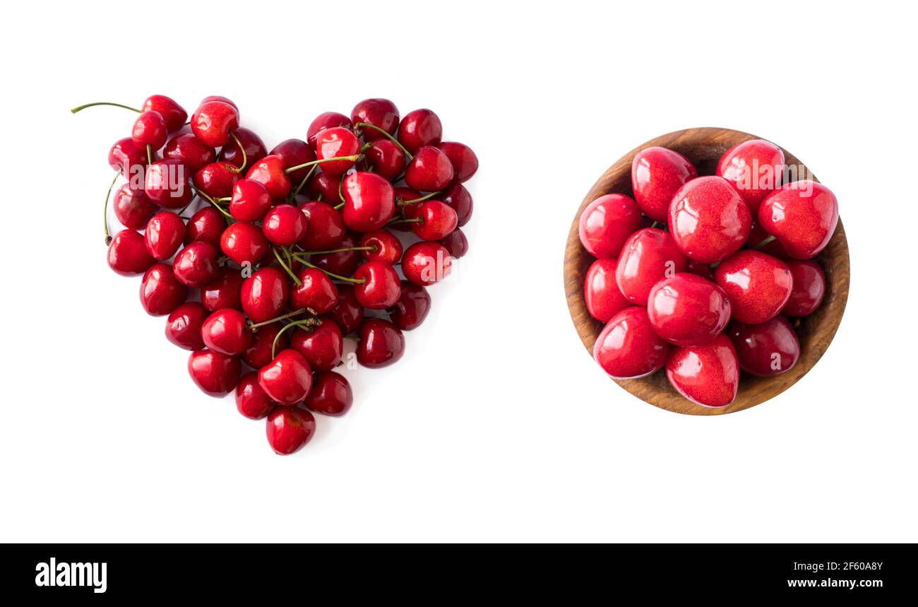 Heart shape red cherries on white background. Background made of cherry ...