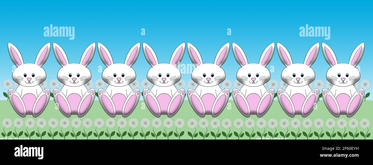 A cartoon illustration of a row of white Easter bunnies sitting in a ...