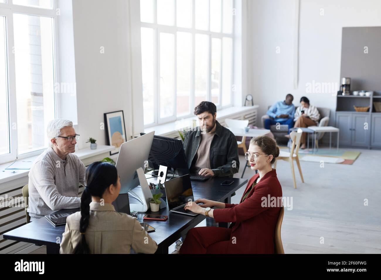 Wide angle portrait of diverse group of business people using computers ...