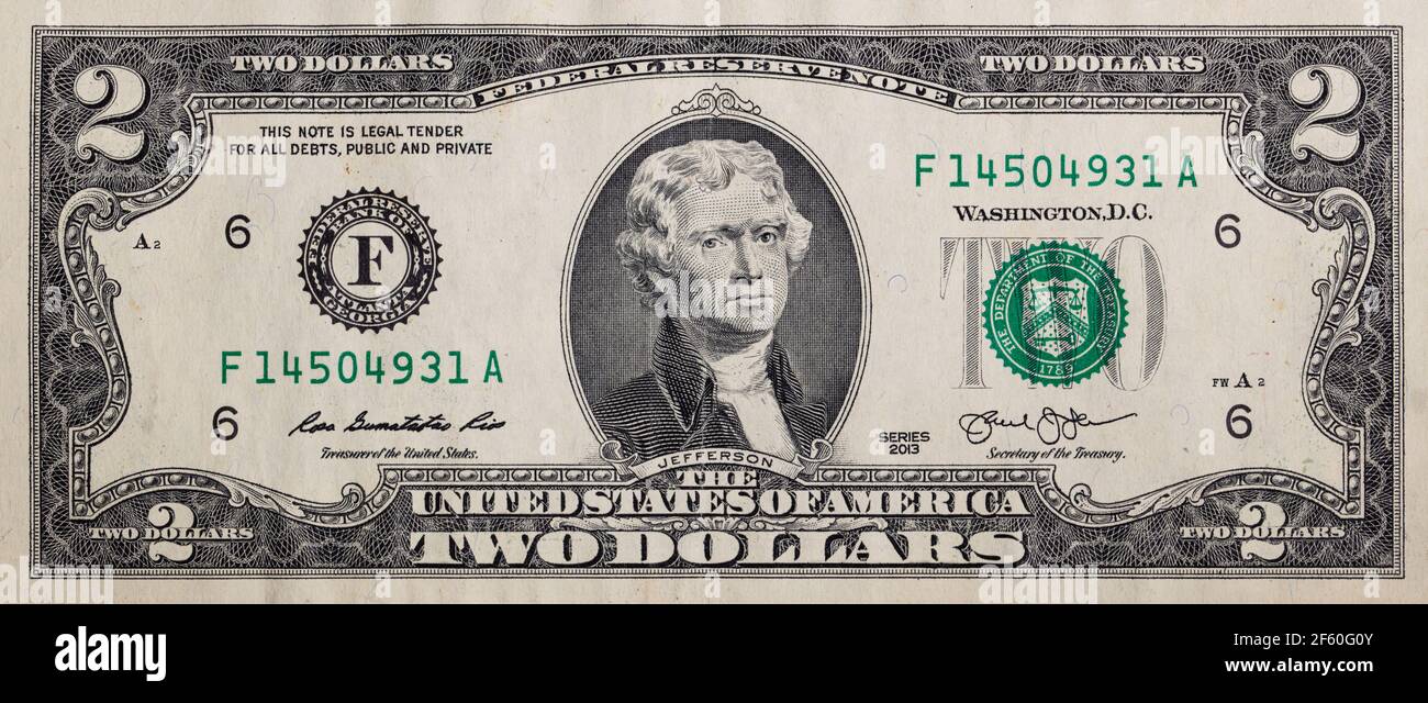 Obverse of 2 US dollar banknote for design purpose Stock Photo - Alamy