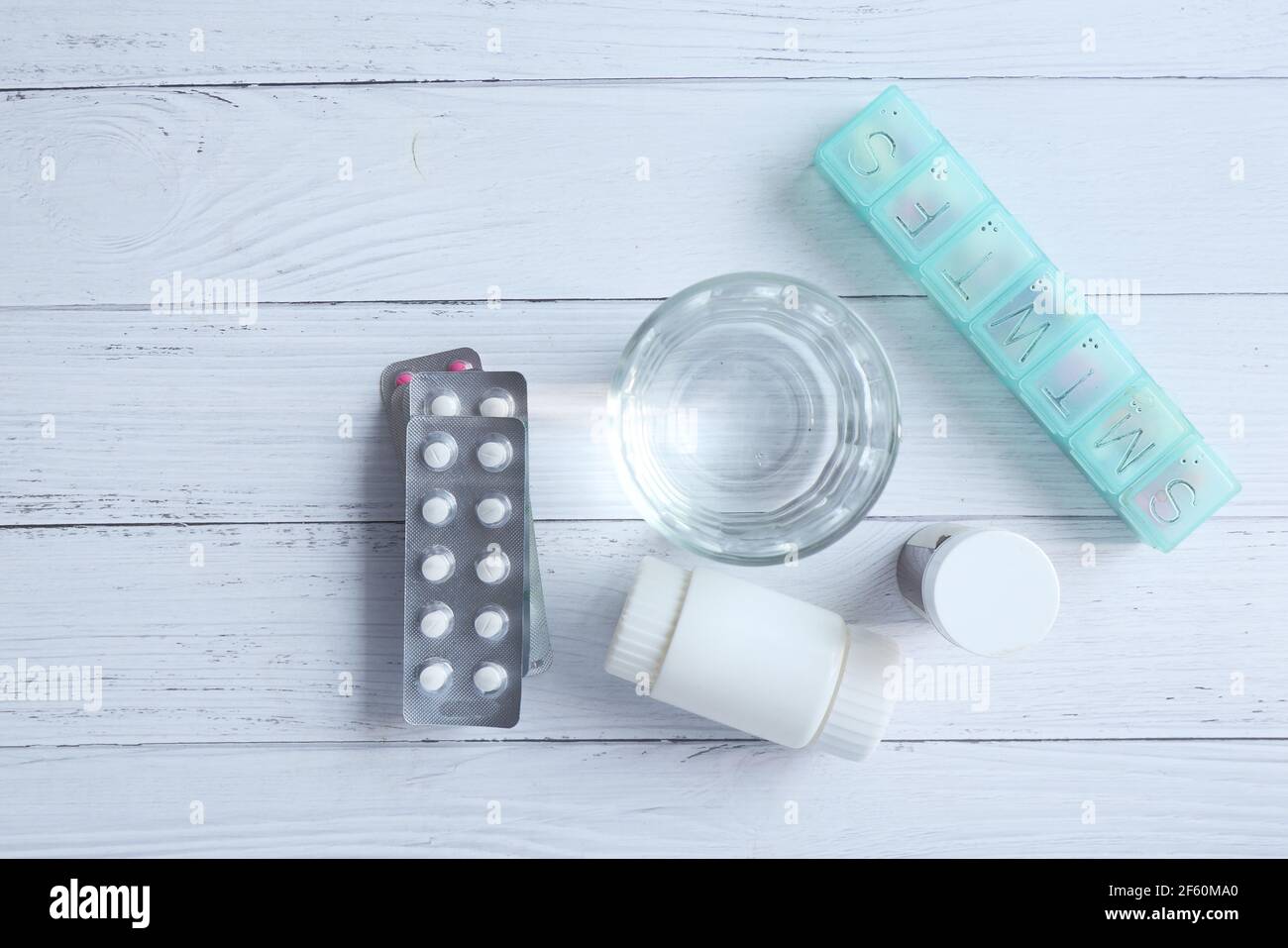 top view of medical blister pack, container on table Stock Photo - Alamy