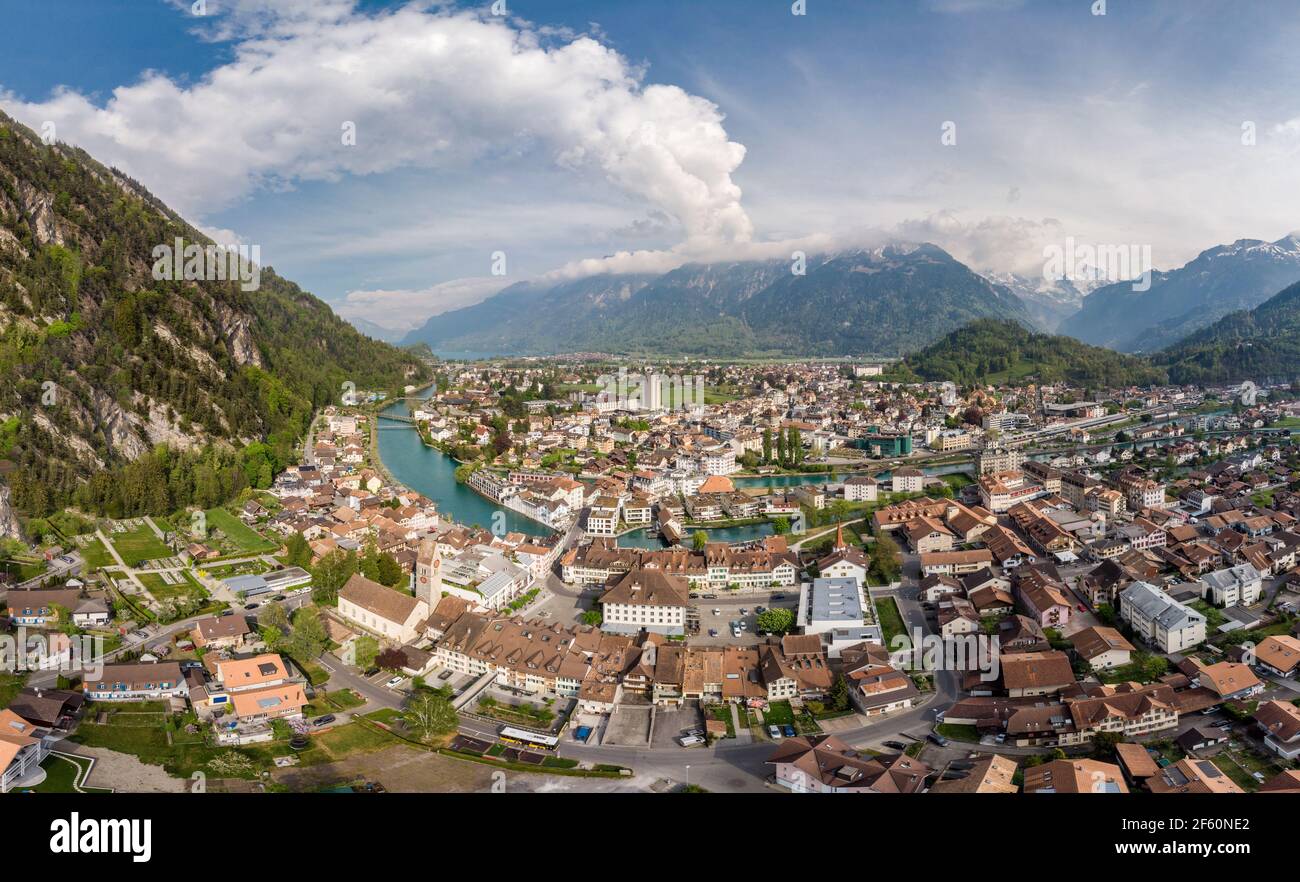 Aerial panorama of the famous Interlaken old town at the foot of the ...