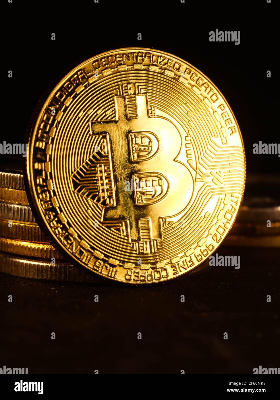 Crypto currency background with various of shiny silver and golden ...