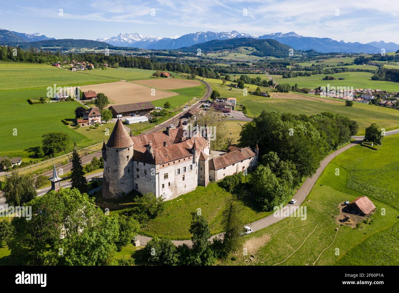 Aerial view of the medieval Oron castle, dating back to the 13th ...