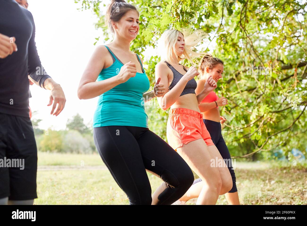 Group of young people jogging together in nature for endurance and ...
