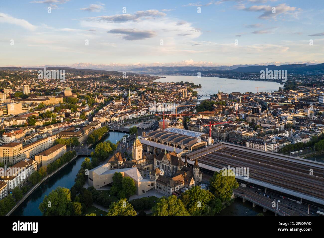 Dramatic aerial view of the Zurich downtown with the national museum ...