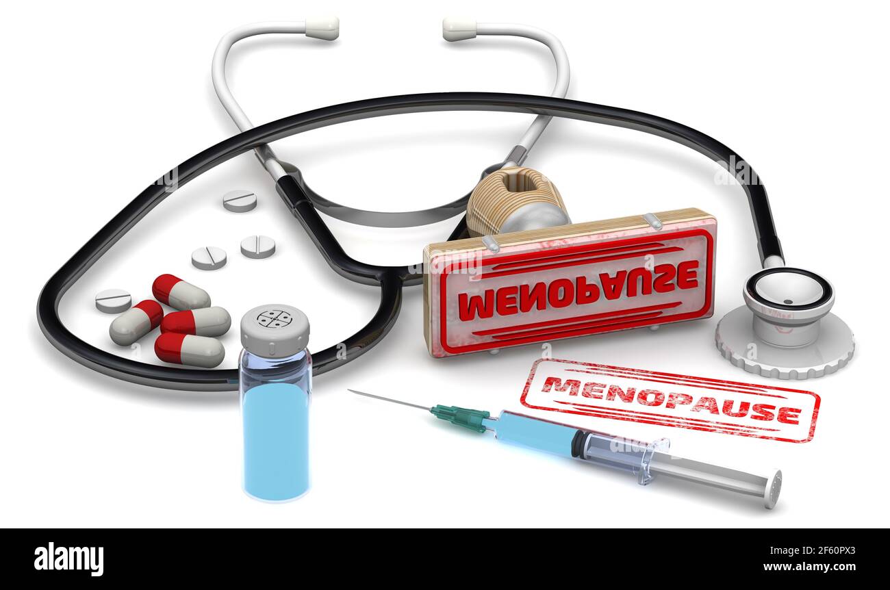Menopause. The stamp and an imprint with medicines. Rubber stamp and ...