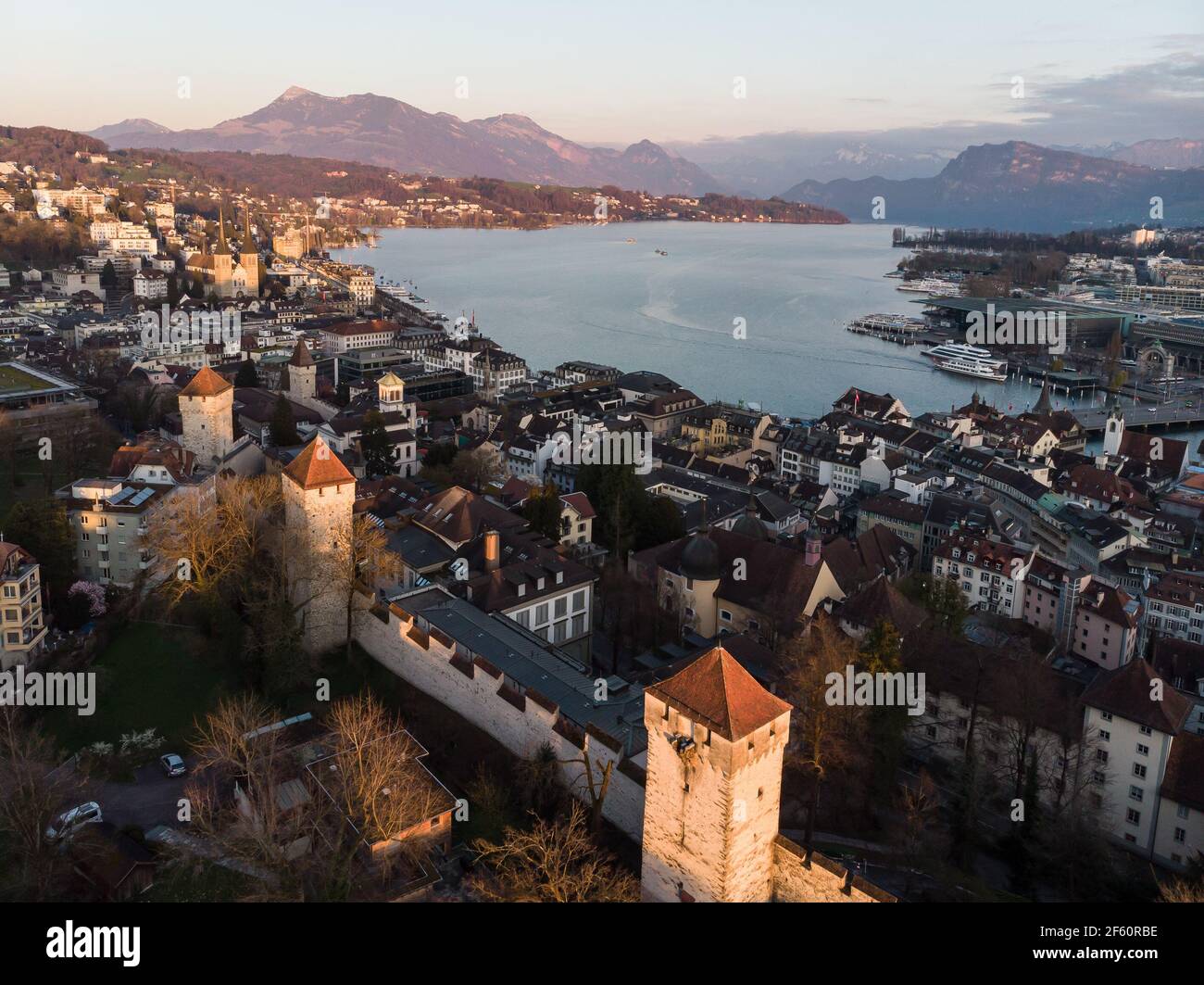 Aerial view of the sunset over the famous Lucerne old town and its ...