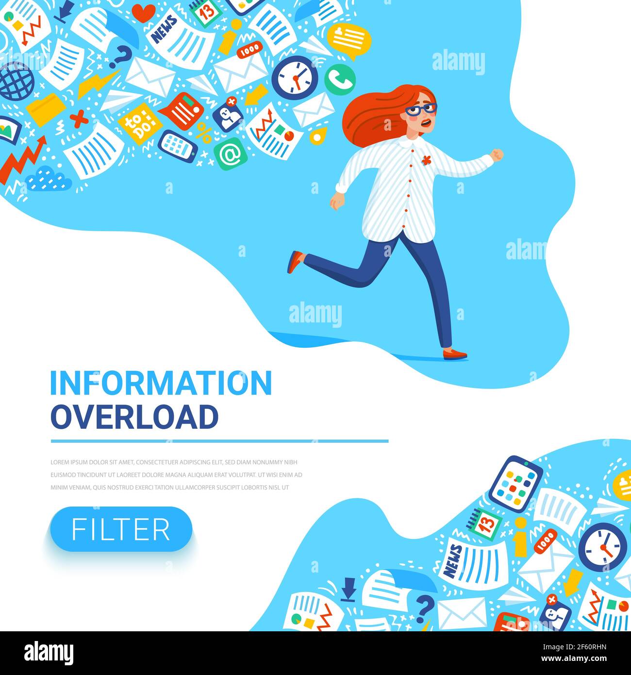 Information overload concept. Young women running away from the ...