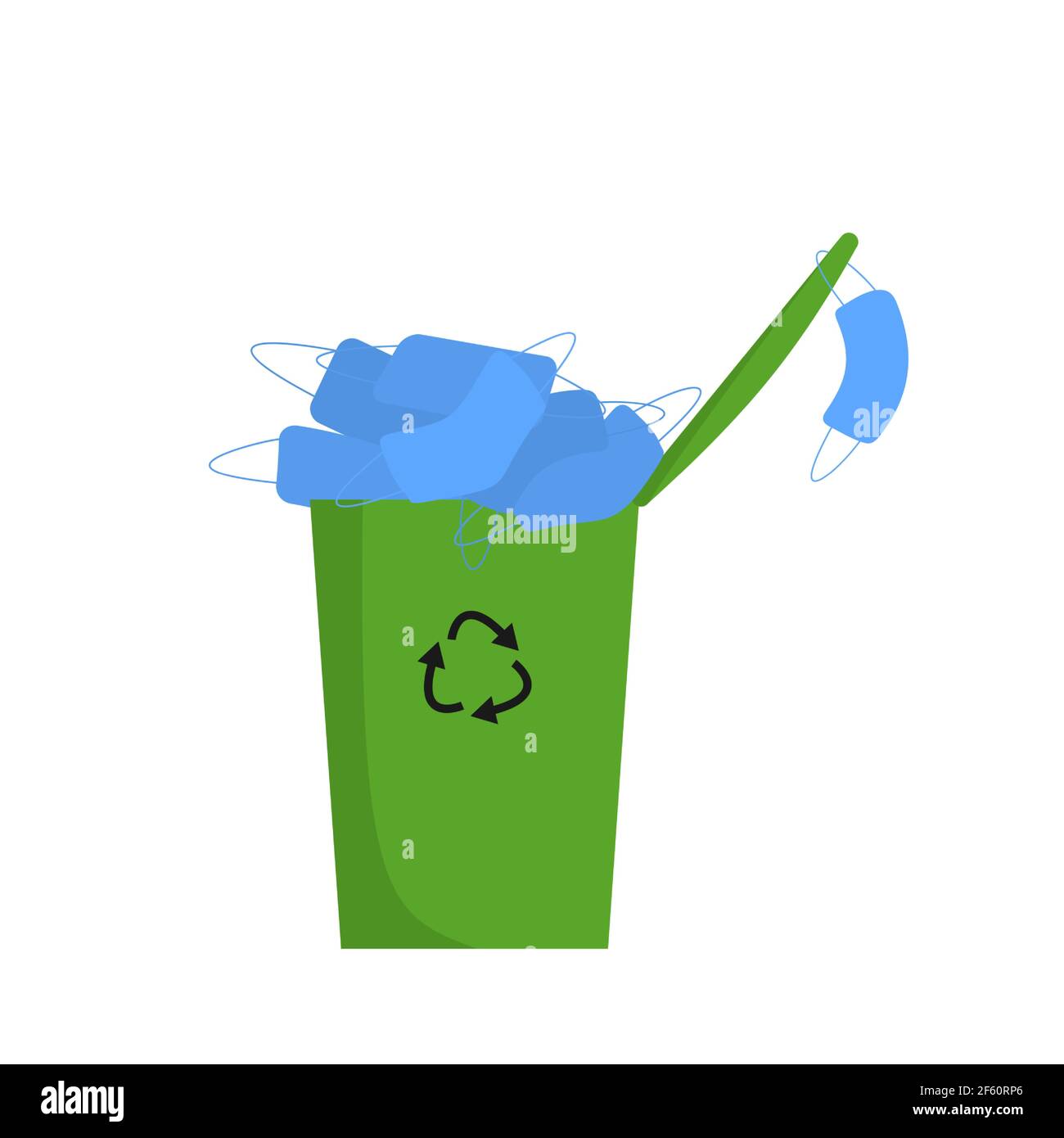 Trash can is full of disposable blue face masks. Isolated on white ...