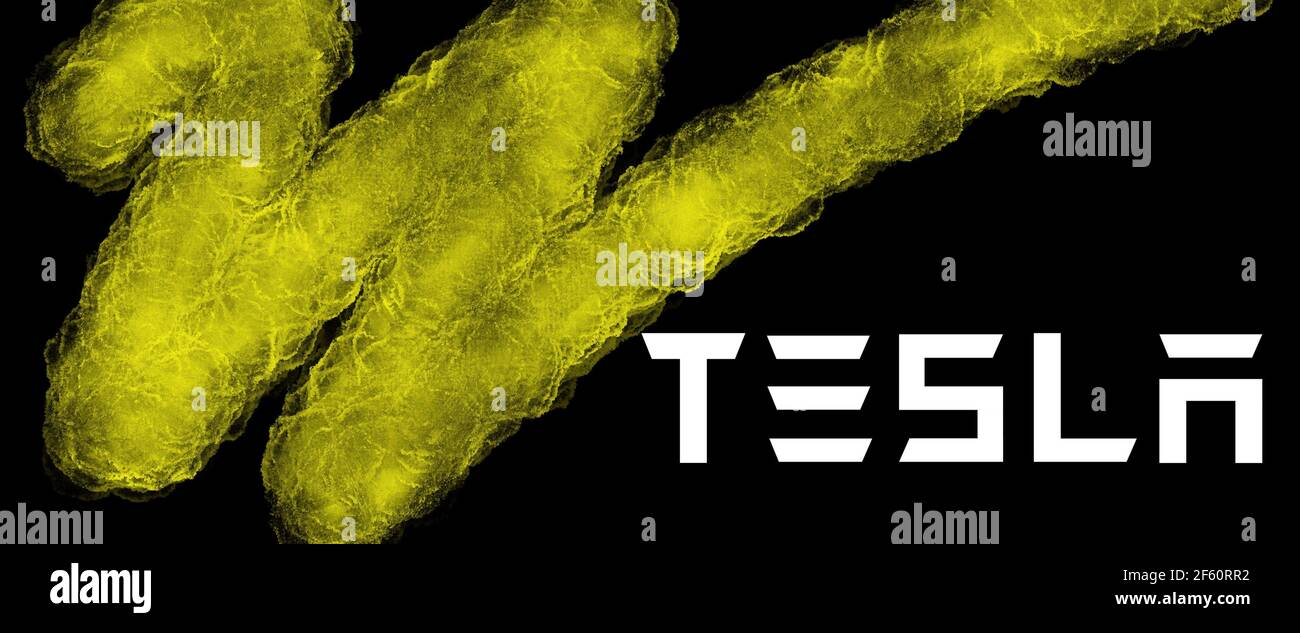 Illustration of wordings with the Tesla symbol Stock Photo - Alamy