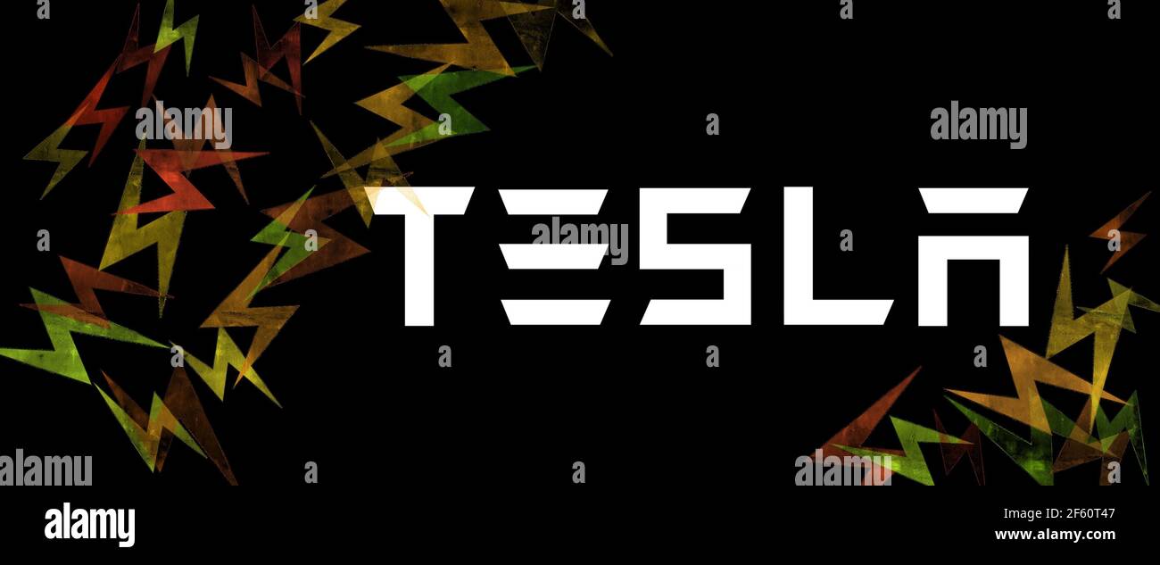 Illustration of wordings with the Tesla symbol Stock Photo - Alamy