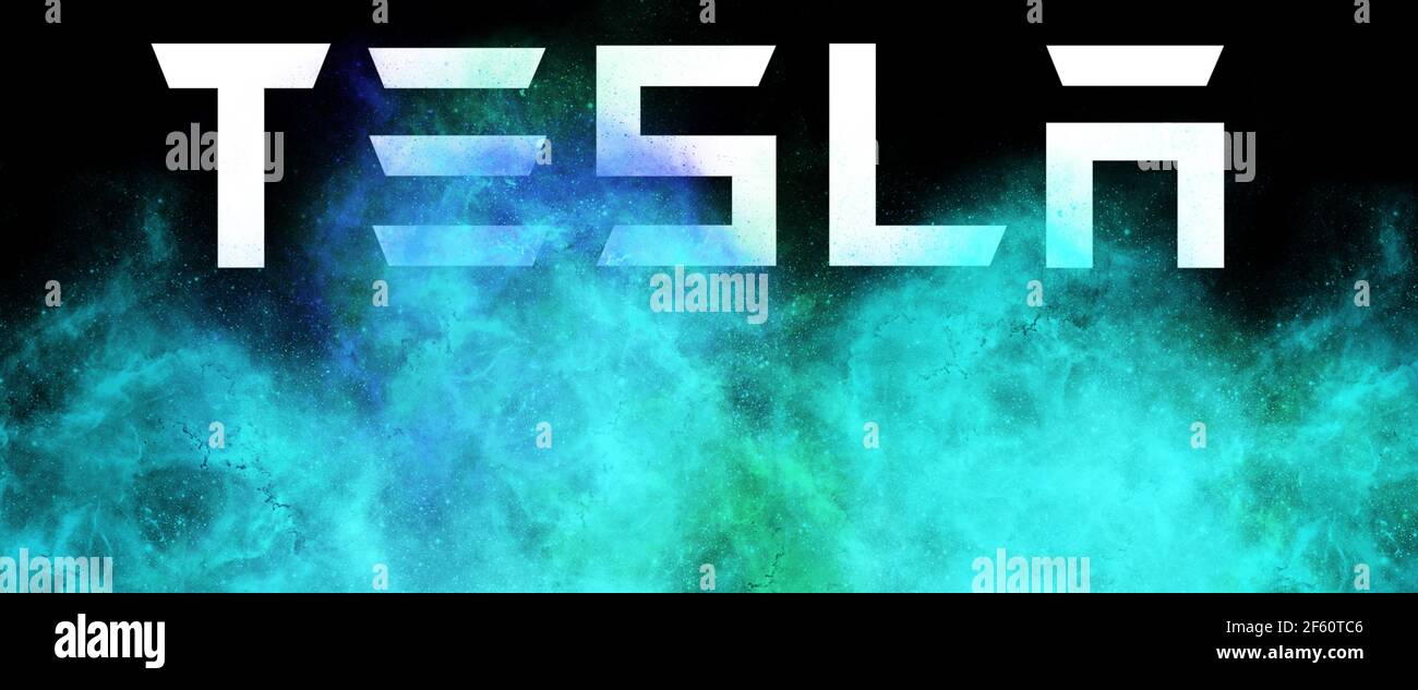 Illustration of wordings with the Tesla symbol Stock Photo - Alamy