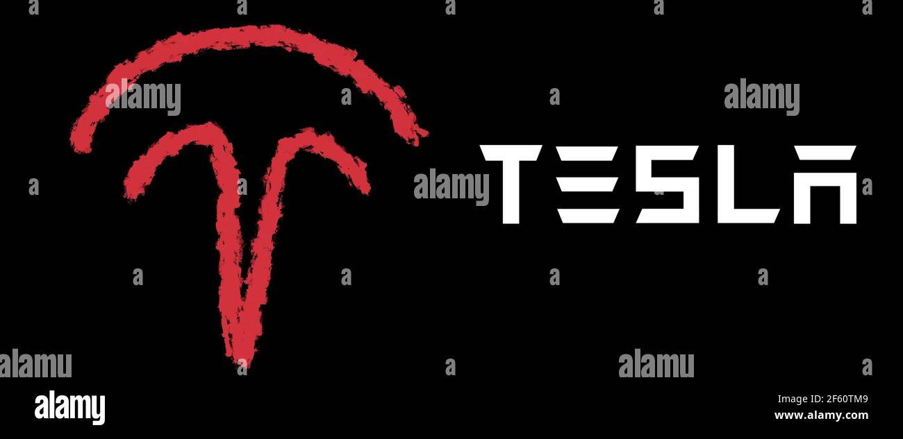 Illustration of wordings with the Tesla symbol Stock Photo - Alamy
