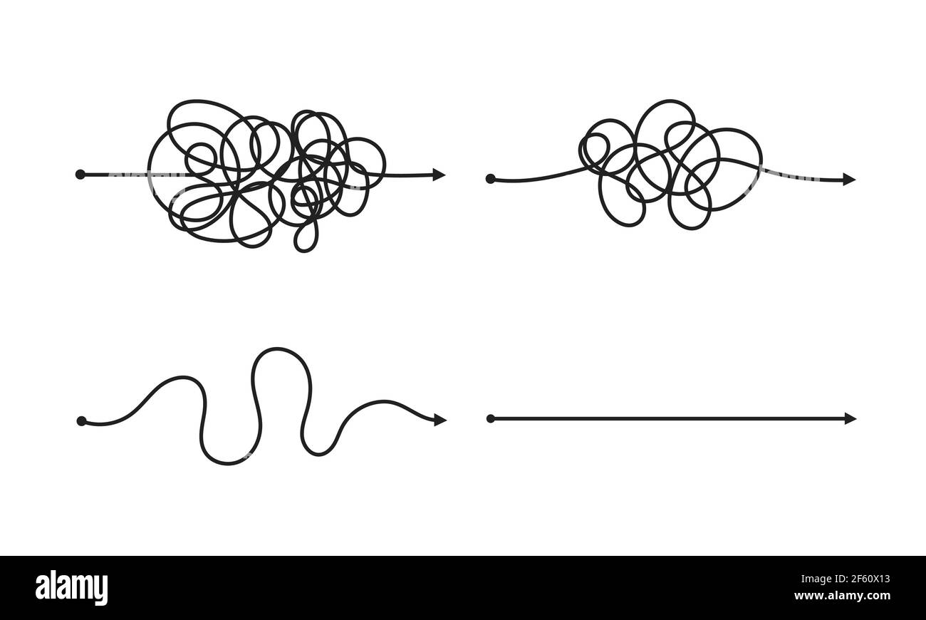 Complex and easy simple way from start to end vector illustration set. Chaos simplifying ...
