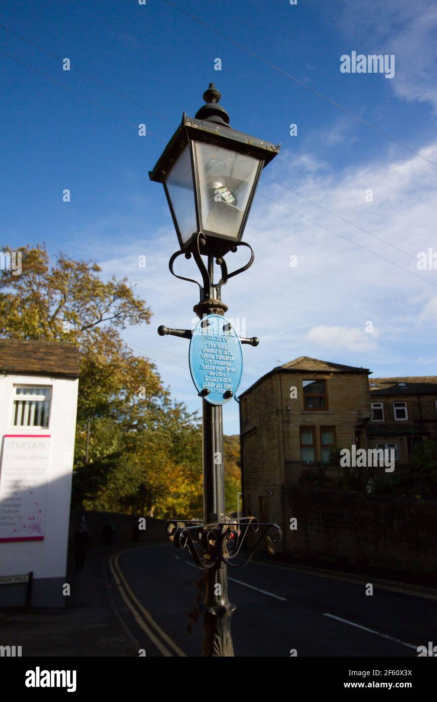 Old traditional lamp erected on the site of Honley's first public gas ...