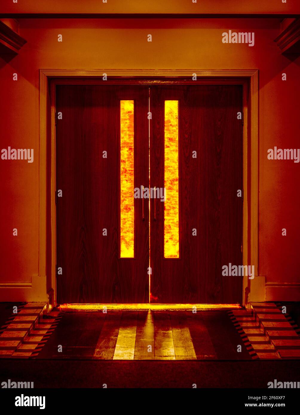 Entrance door with fire ablaze outdoors (digital creation Stock Photo ...