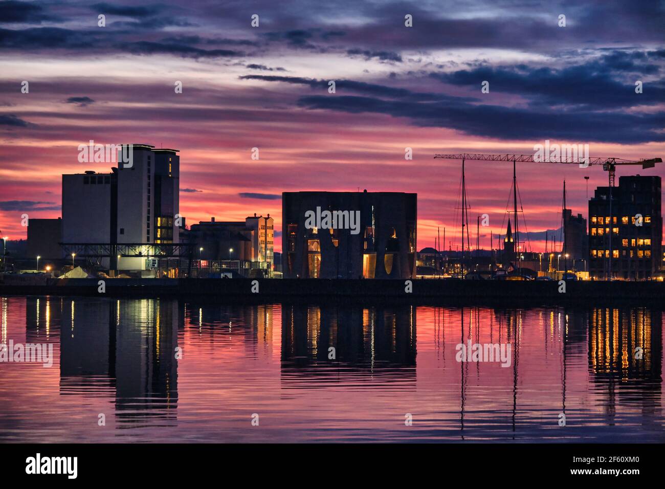 Vejle harbor front seen from the Fjord with Fjordenhus, Denmark Stock ...