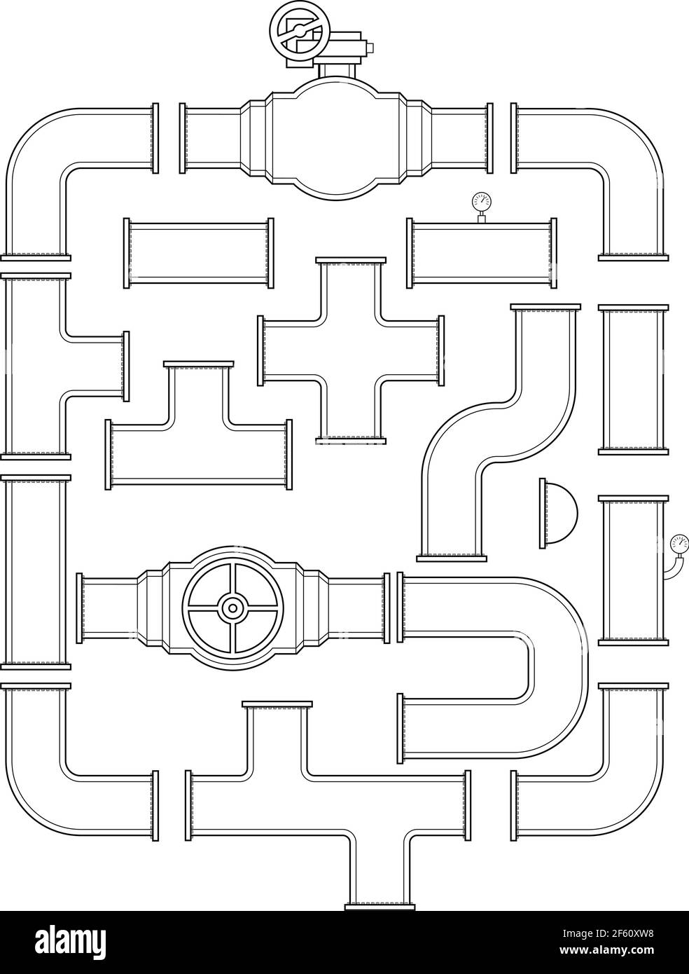 Pipeline construction vector collection with pipes, stop valve, T-bend ...
