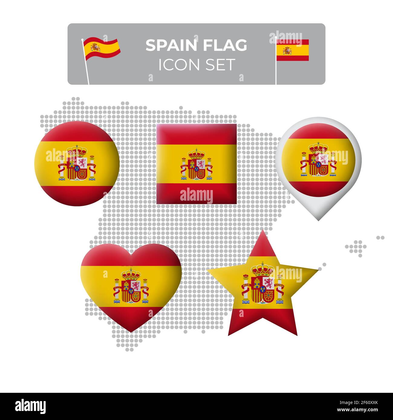 Spain flag icons set in the shape of square, heart, circle, stars and ...