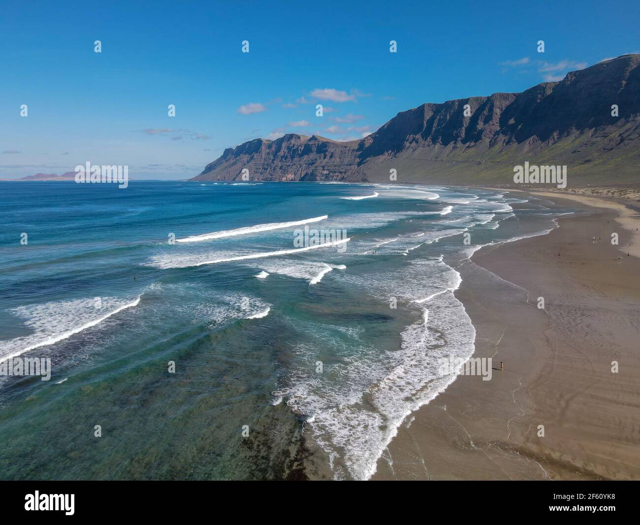 Aerial view of Famara beach at Lanzarote on Canary islands in Spain ...