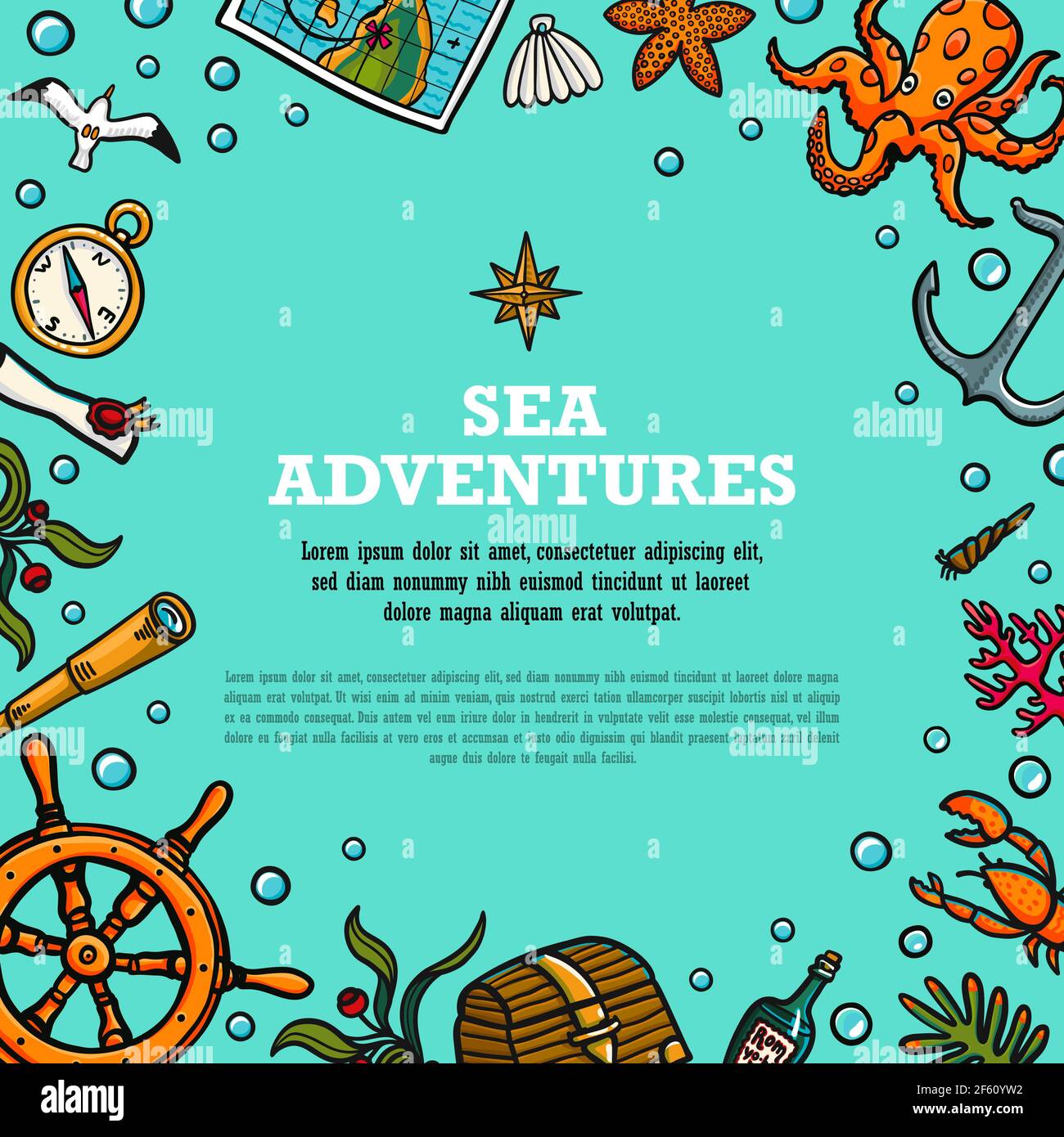 Sea adventures template. Marine hand drawn vector objects. Doodle style ...