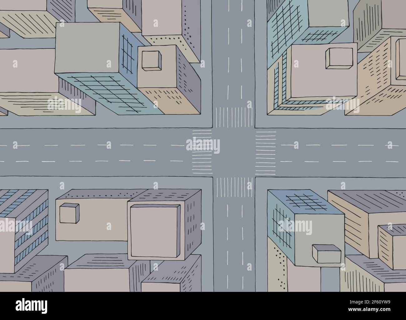 City top view from above aerial crossroad street graphic color sketch ...