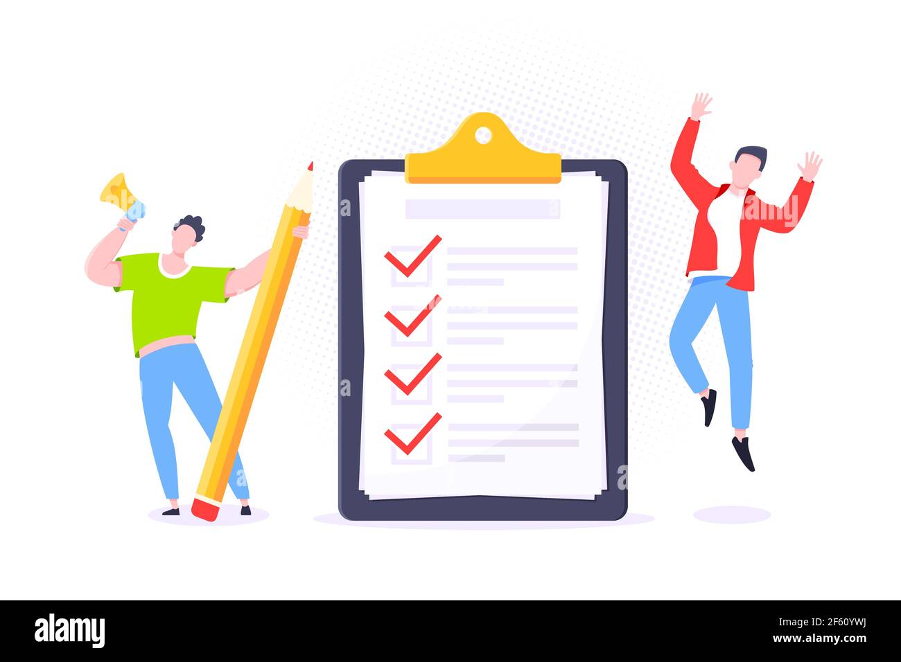 Checklist complete business concept tiny person with megaphone and ...