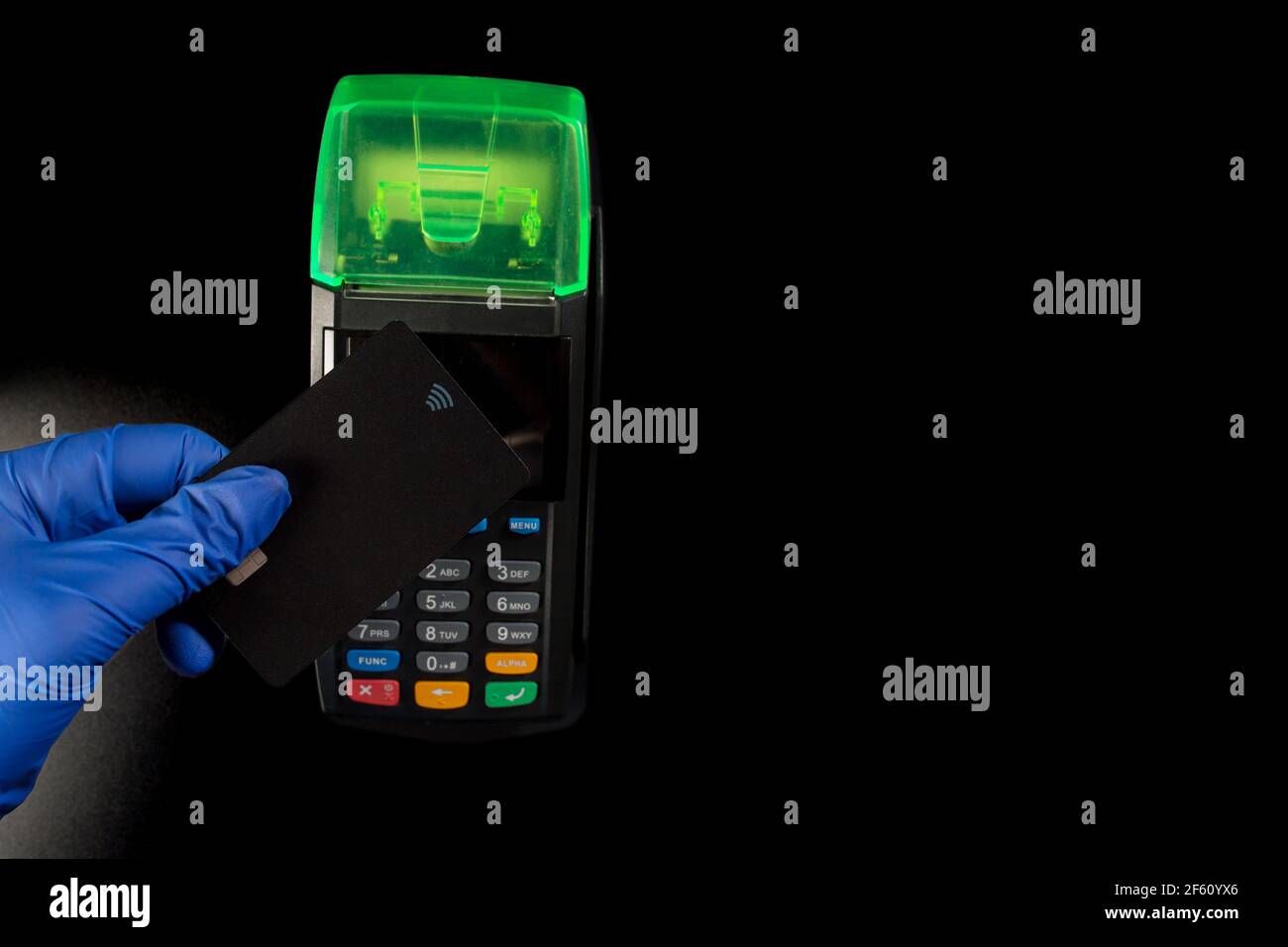 Contactless payment with card isolated on black with copy space Stock ...
