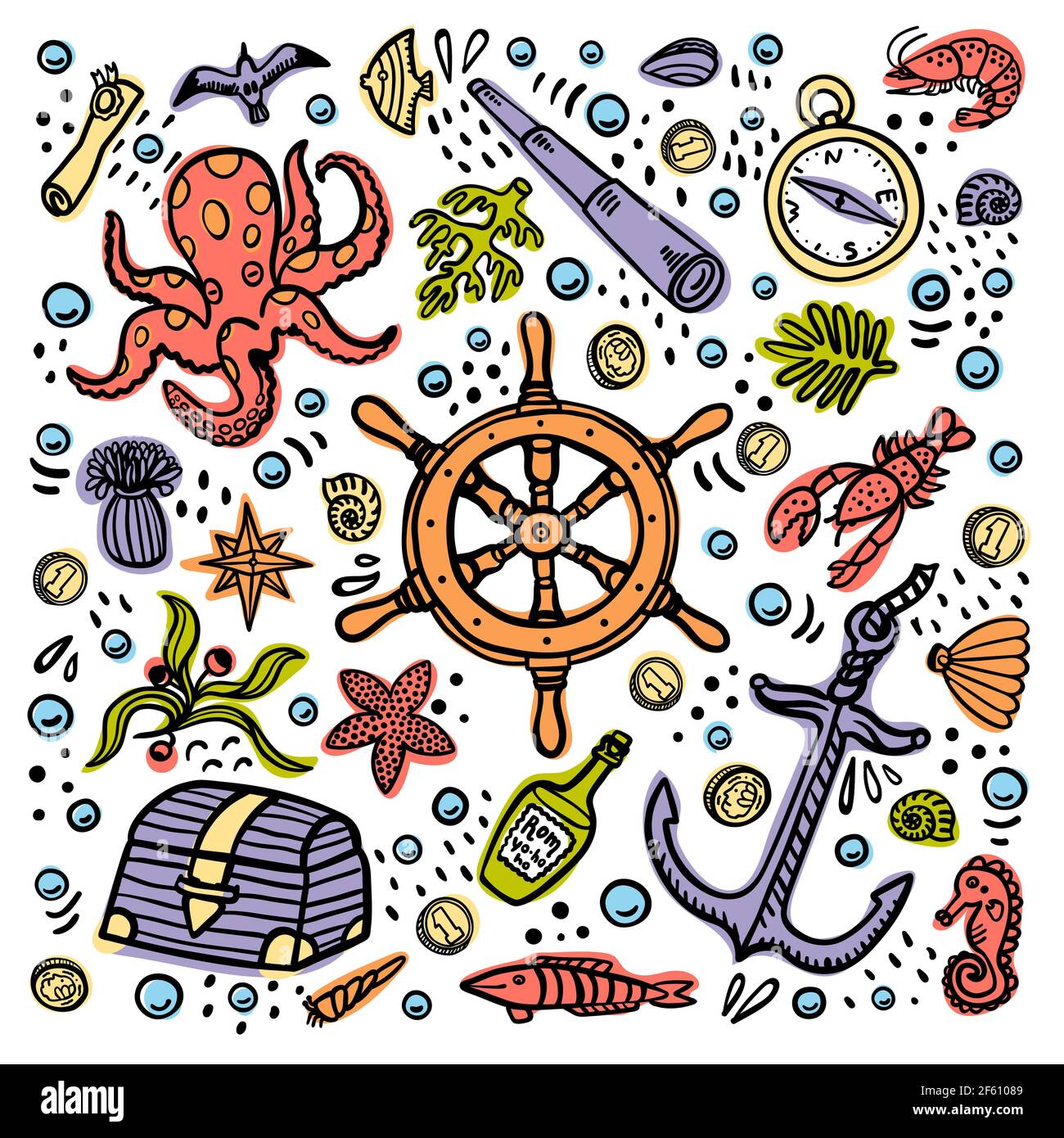 Sea adventures card. Marine hand drawn vector objects. Doodle style ...