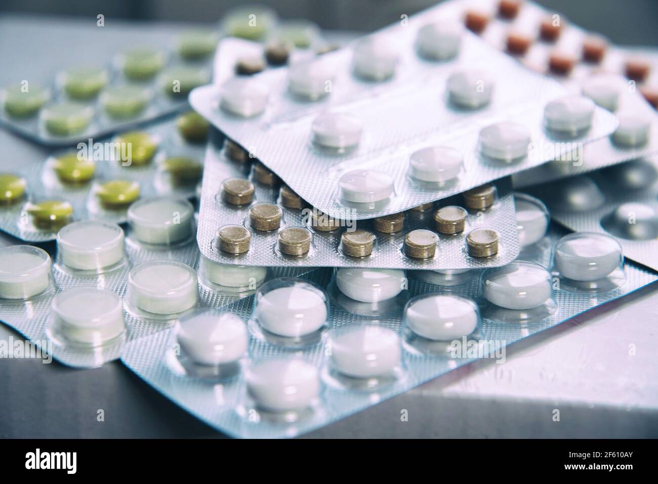 Overall view of pharmaceutical tablets and capsules in packages in ...