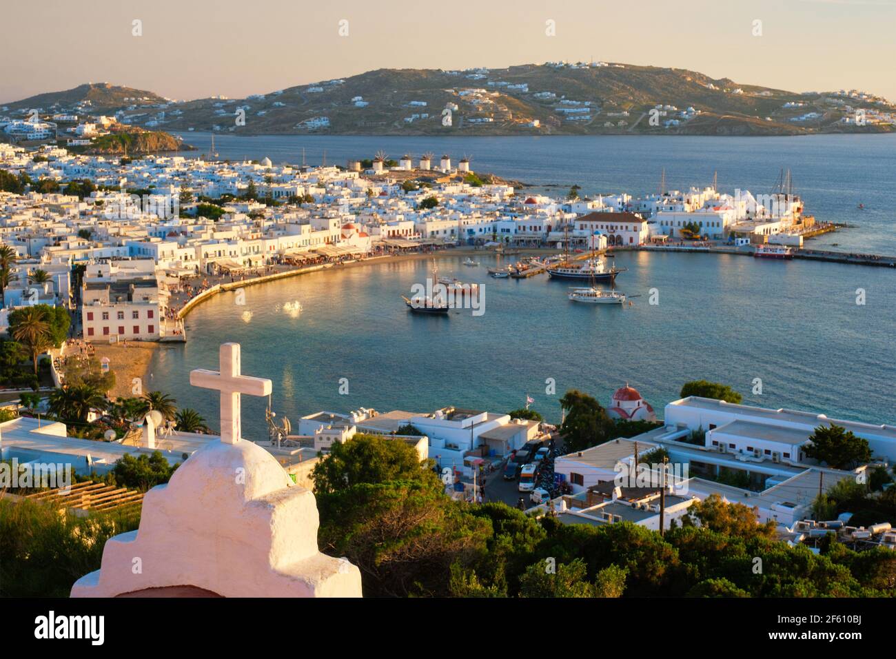 Mykonos island port with boats, Cyclades islands, Greece Stock Photo ...