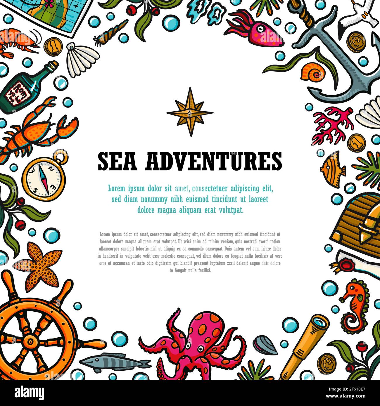 Sea adventures template. Marine hand drawn vector objects. Doodle style ...