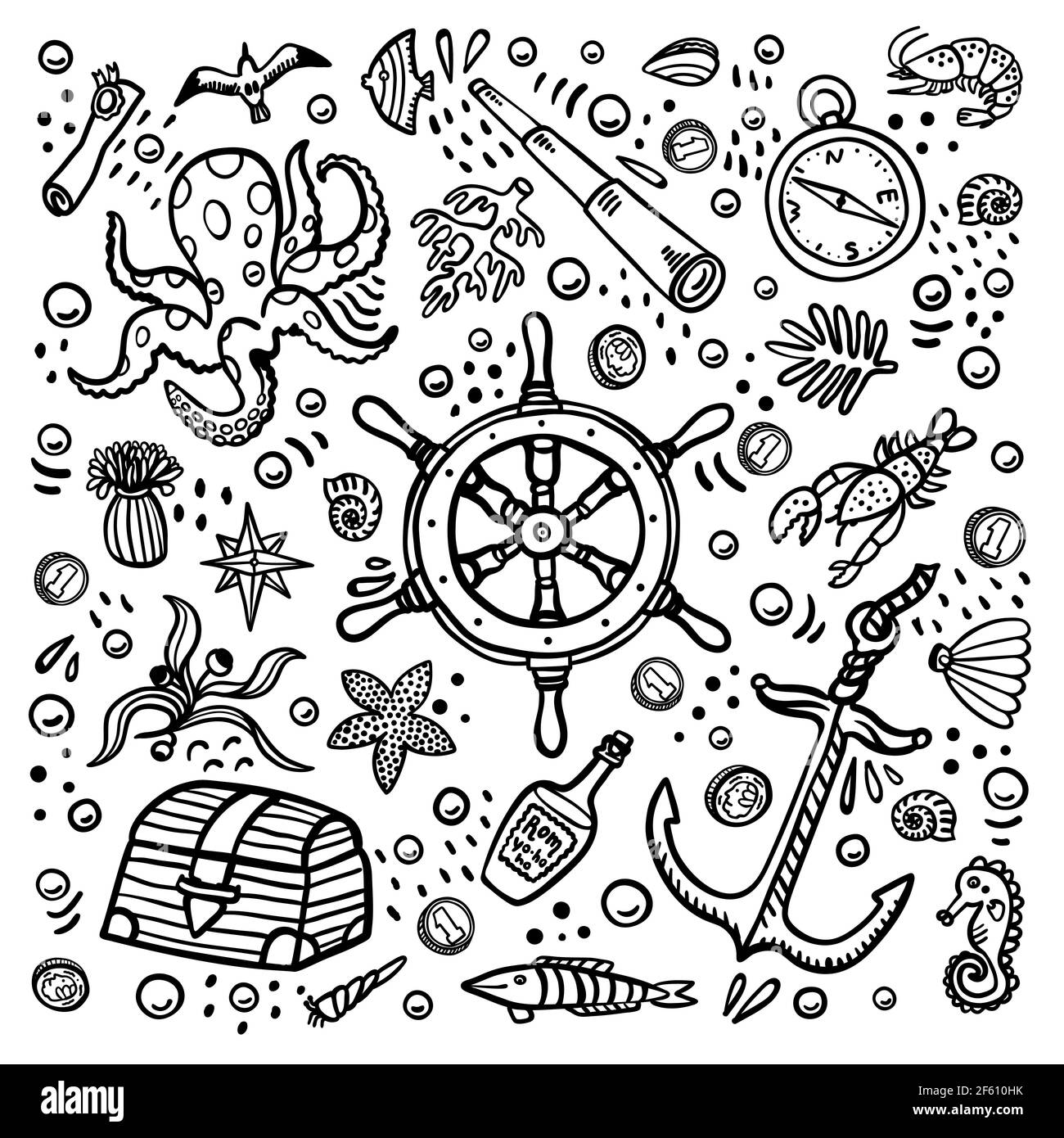 Sea adventures coloring page. Marine hand drawn vector objects. Doodle ...