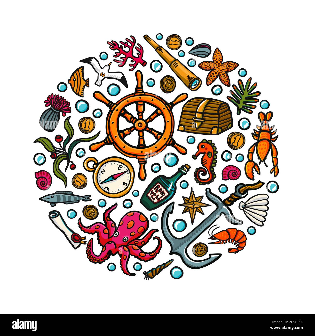 Sea adventures card. Marine hand drawn vector and objects. Doodle style ...