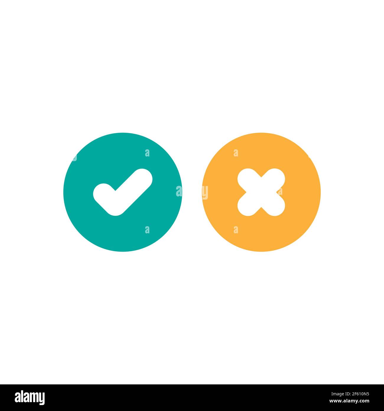Set of check mark icons. white rounded tick in blue circle and cross in ...