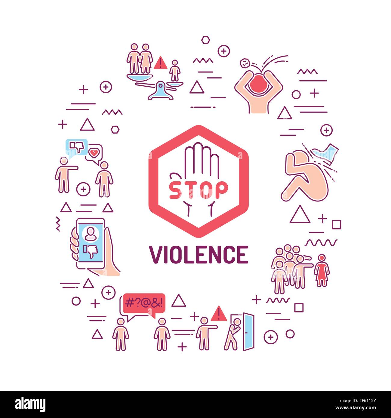 Violence web banner. Infographics with linear icons on white background ...