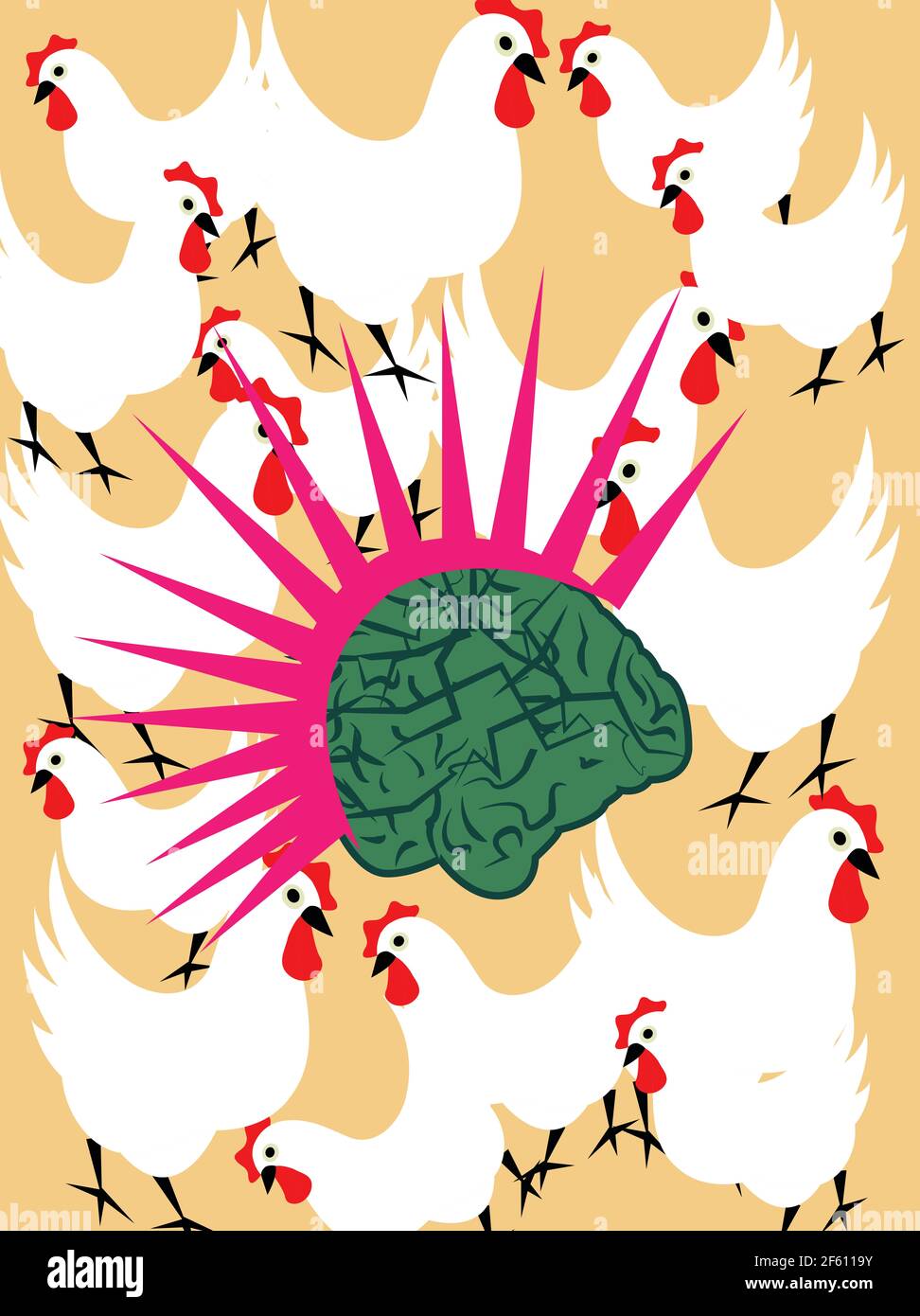 illustration of a brain in the middle of several chicken for the idea ...