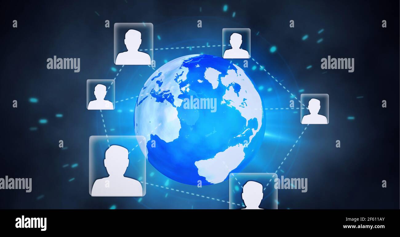 Composition of network of connection and icons over globe on blue ...