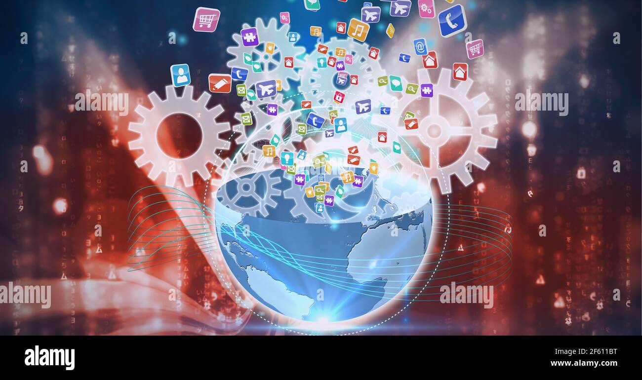 Composition of digital icons and cogs over globe on red and blue ...