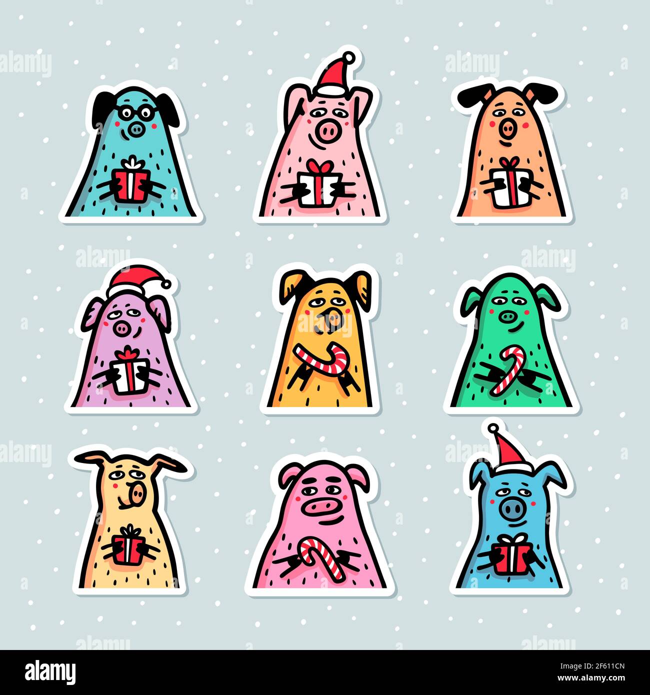 Pig stickers set. Funny pigs with candy canes, gifts and santa hats ...
