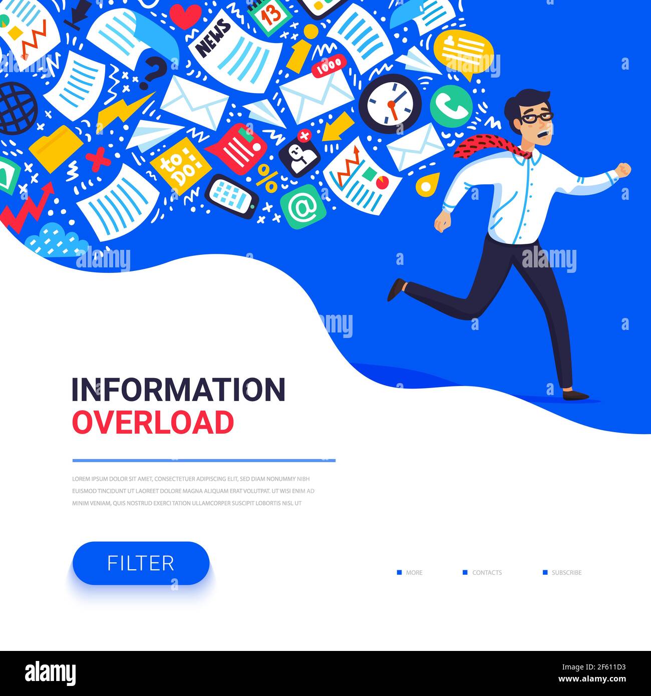 Information overload concept. Young man running away from information ...