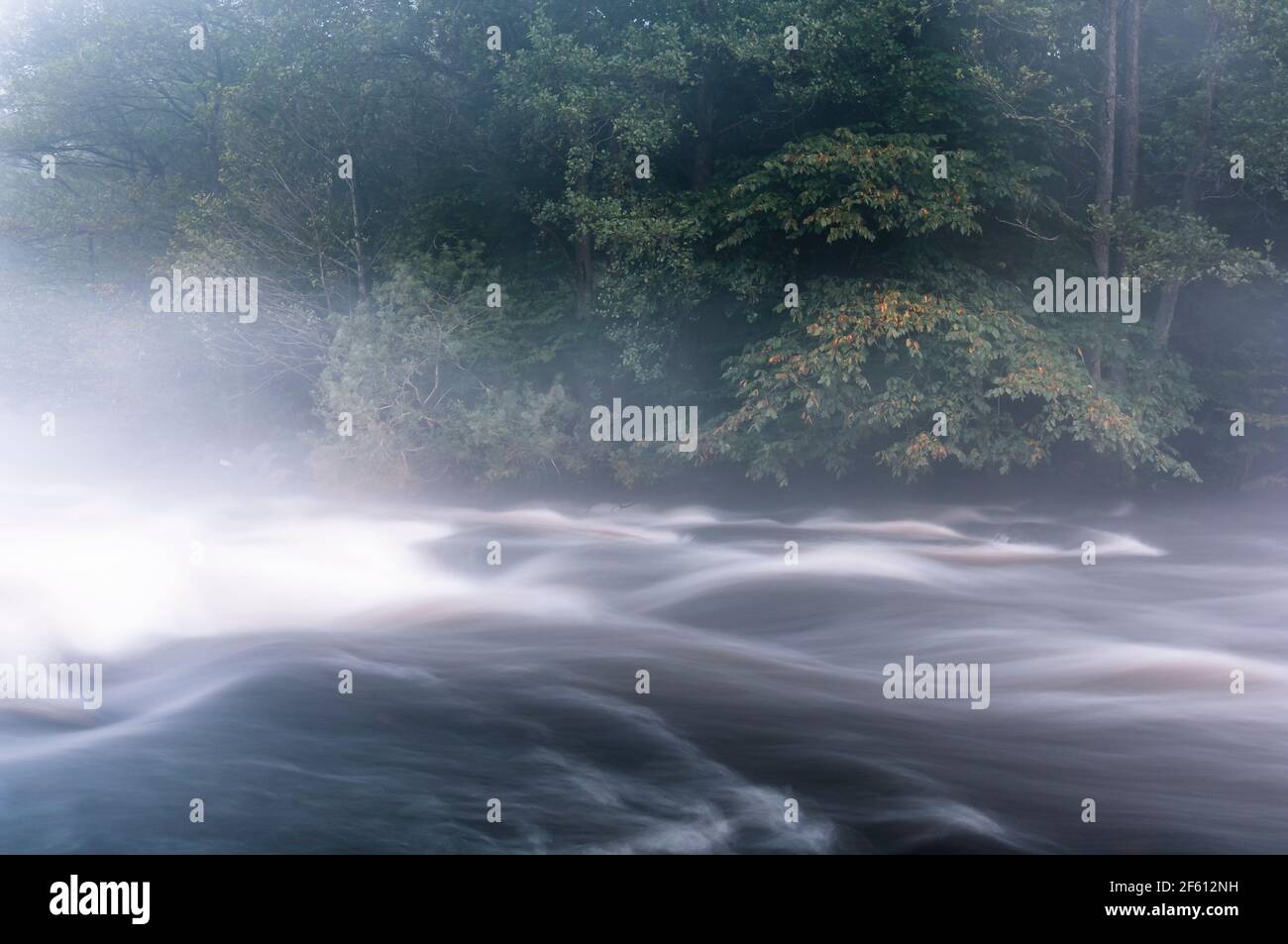 Flowing water at misty river Stock Photo - Alamy