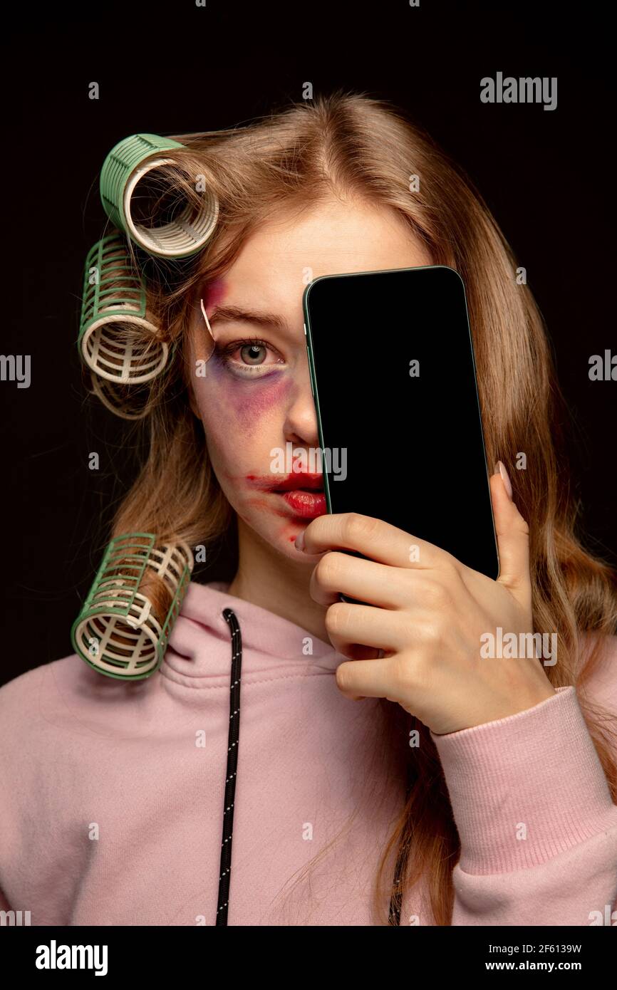 Lie and another life in social media. Girl wearing make up on her face ...