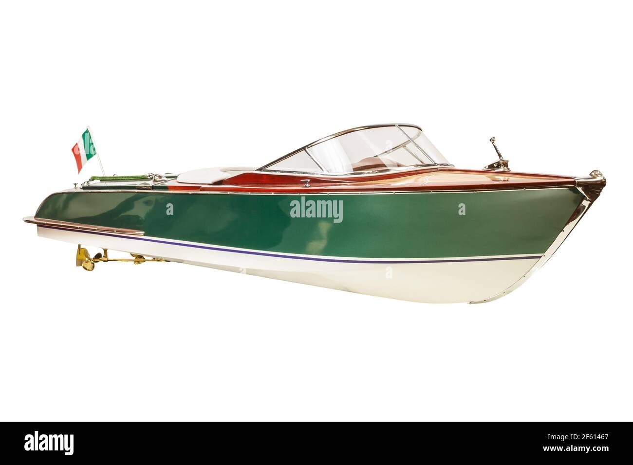 Front view of a two tone vintage Italian speedboat isolated on a white ...